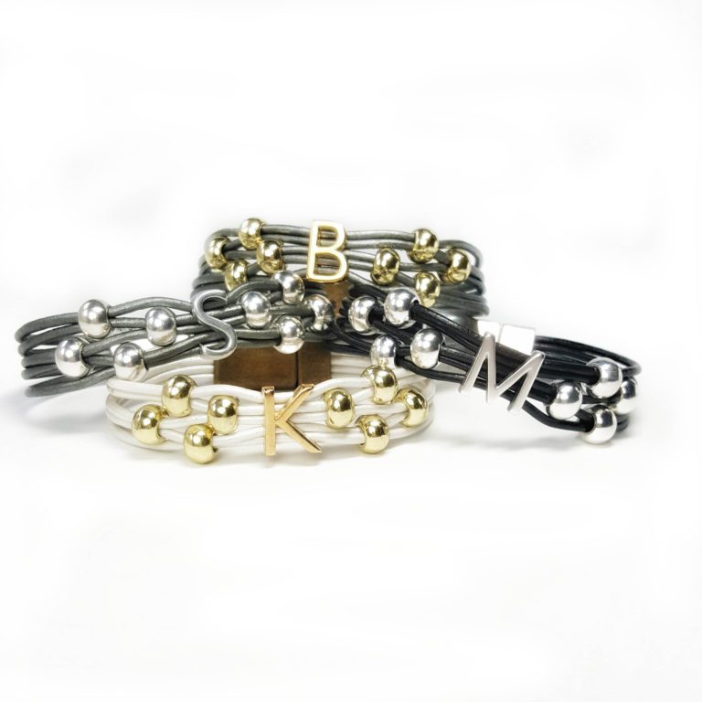 Personalized Initial B Leather Bracelet - Choice of leather and bead colors