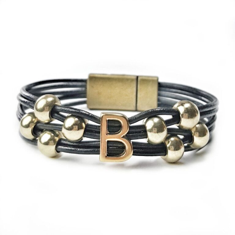 Personalized Initial B Leather Bracelet - Choice of leather and bead colors