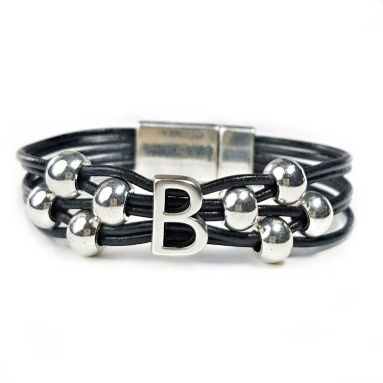 Personalized Initial B Leather Bracelet - Choice of leather and bead colors