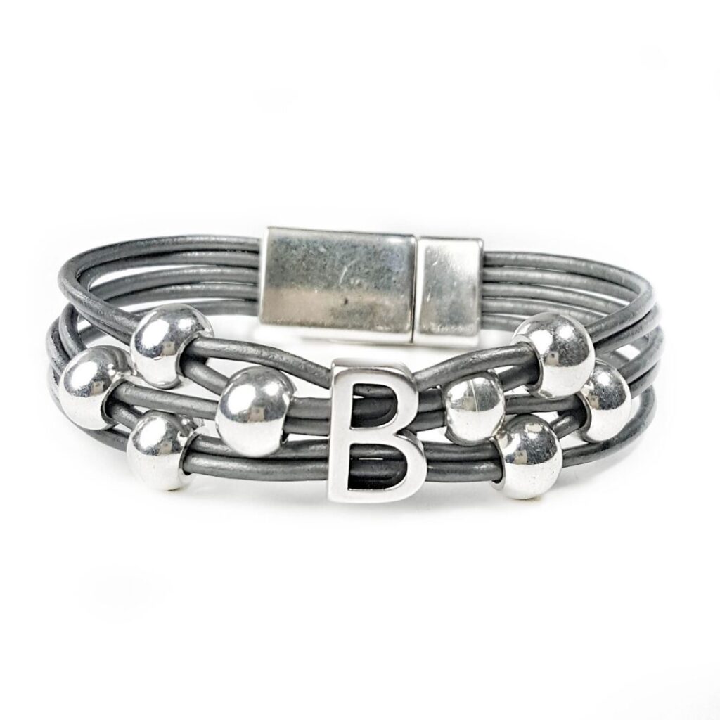 Personalized Initial B Leather Bracelet - Choice of leather and bead colors