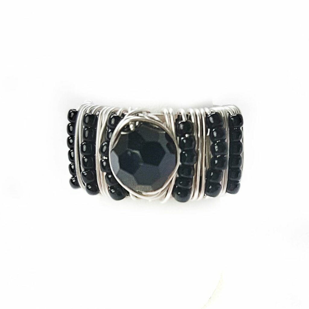 Black Center Stone Ring Hand Beaded Adjustable Flexible