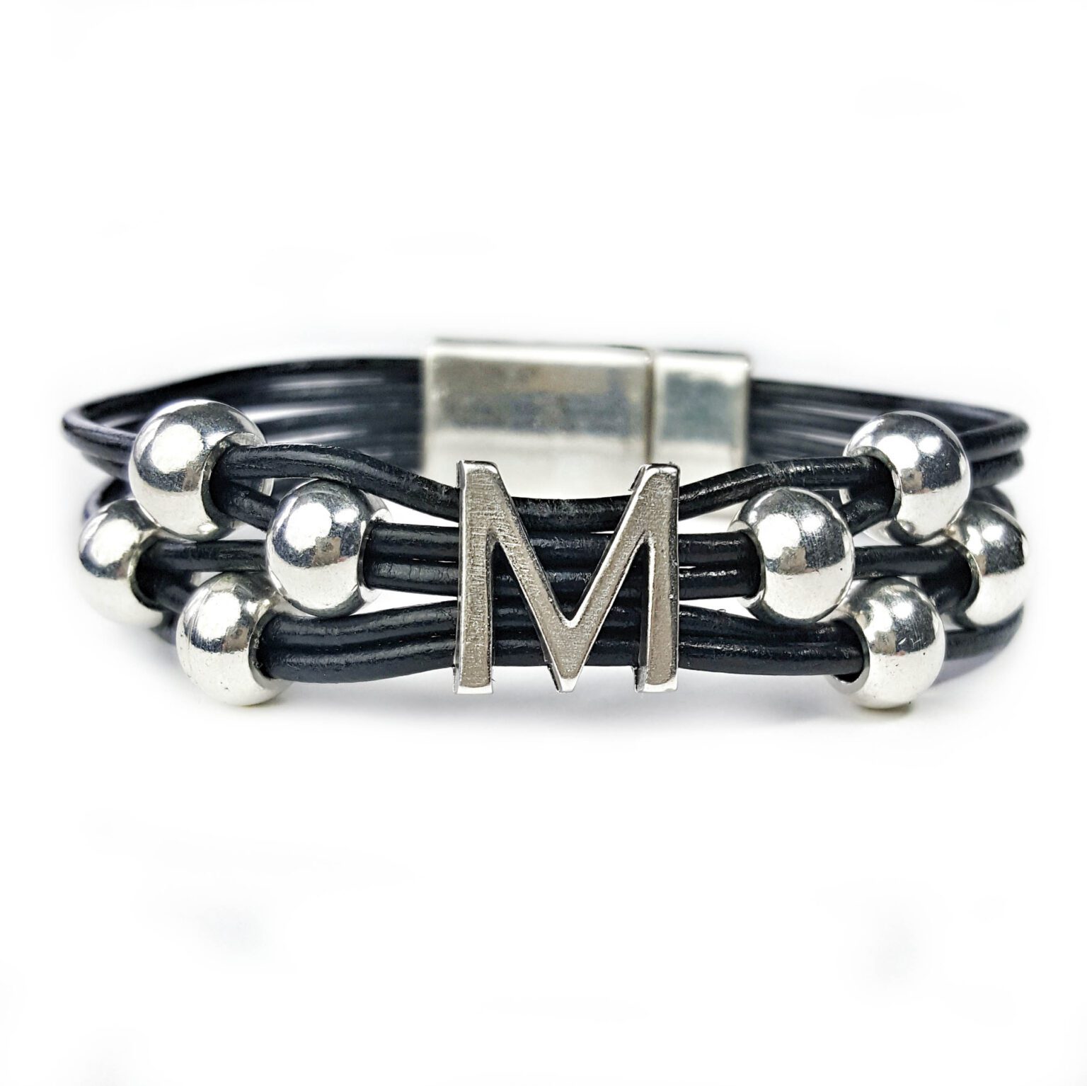 Initial Personalized Leather Bracelet Black Leather Silver Beads