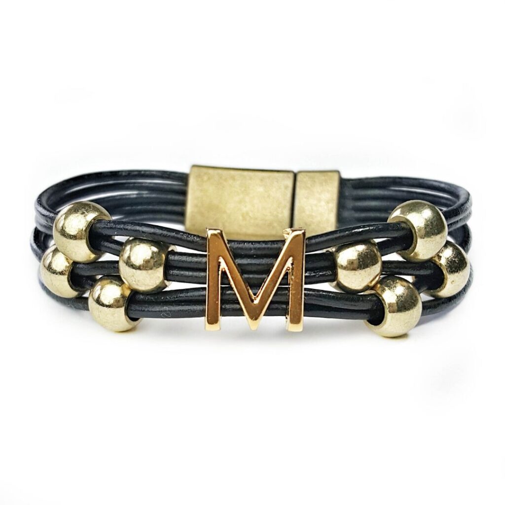 Initial Personalized Leather Bracelet Black Leather Silver Beads