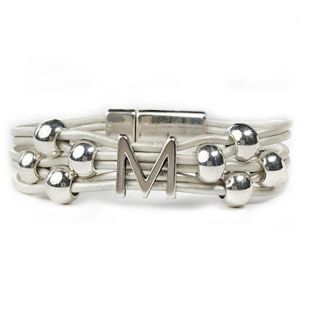 Initial Personalized Leather Bracelet Black Leather Silver Beads